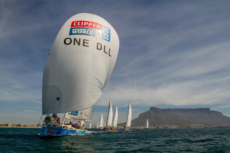 Spectacular start to Clipper Race 4 in front of Table Mountain, Cape Town